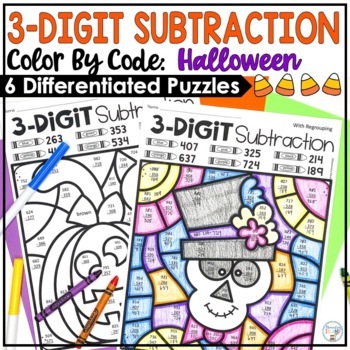 Halloween Subtraction Color by Number Code with Regrouping and Without ...
